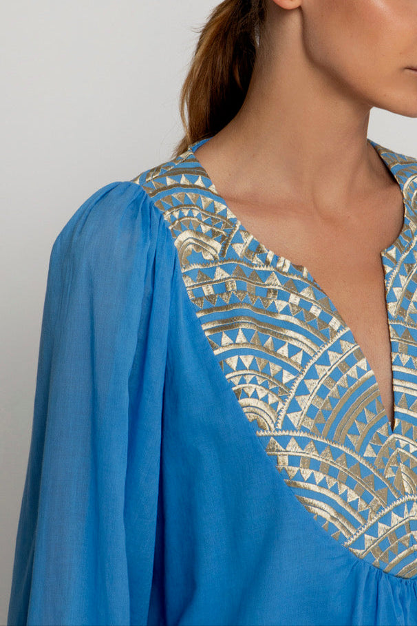OVERSIZED GREEK ARCHAIC KORI COTTON BLOUSE "TRIANGLE" BLUE RAF/GOLD ...