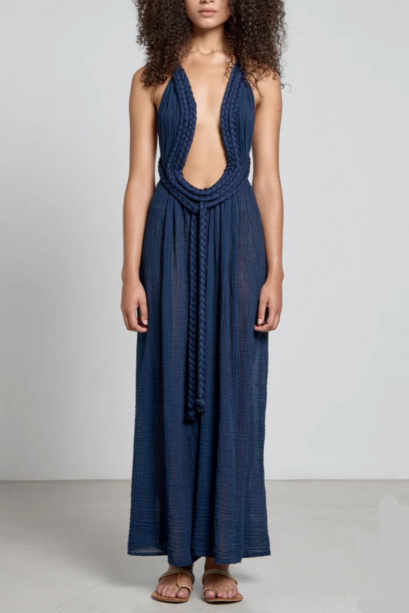 LONG BACKLESS DRESS "CHANTAL" MIDNIGHT BLUE – Lemoni